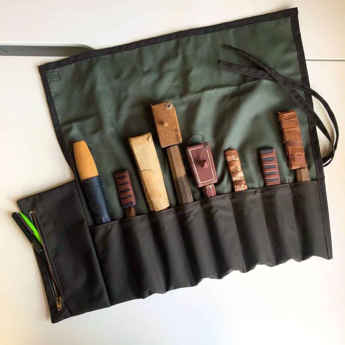 Dark Brown and Muted Forest Green Waxed Canvas Tool Roll - The Spoon Crank
